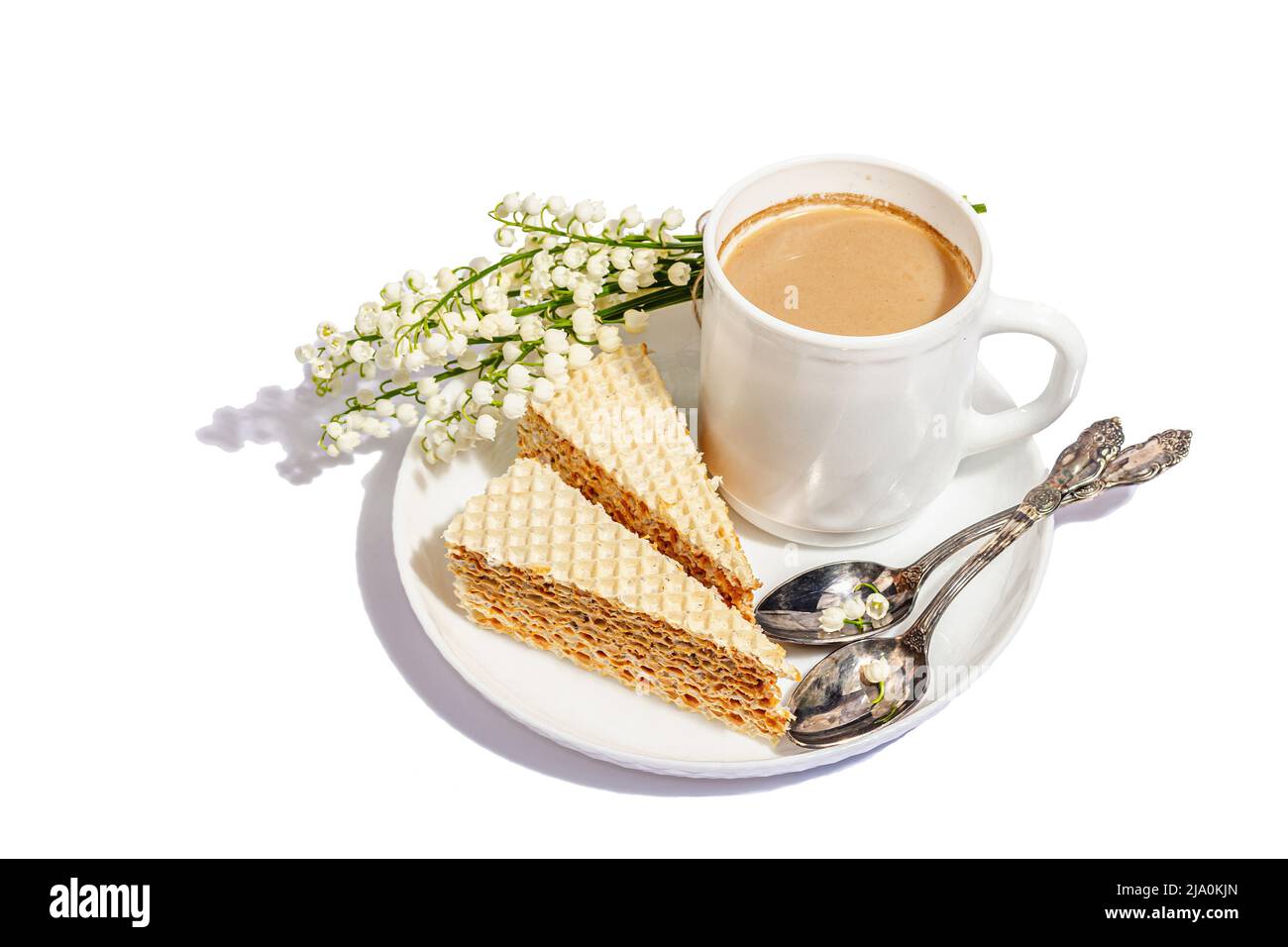 Cup of coffee and waffle cake isolated on a white background. Sweet ...