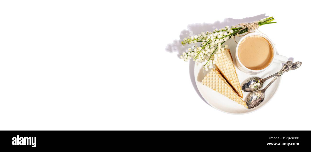 Cup of coffee and waffle cake isolated on a white background. Sweet ...