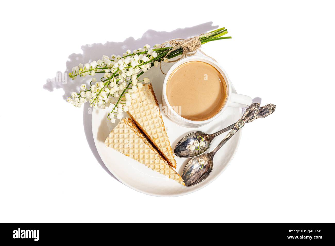 Cup of coffee and waffle cake isolated on a white background. Sweet ...
