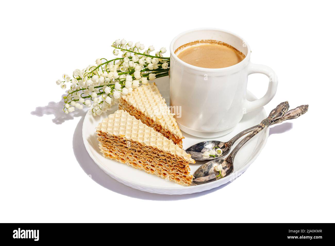 Cup of coffee and waffle cake isolated on a white background. Sweet ...