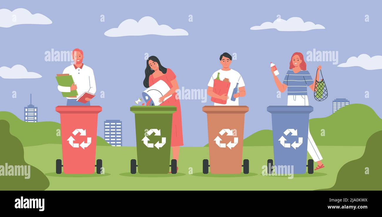 Garbage separation recycling composition with outdoor park scenery with ...