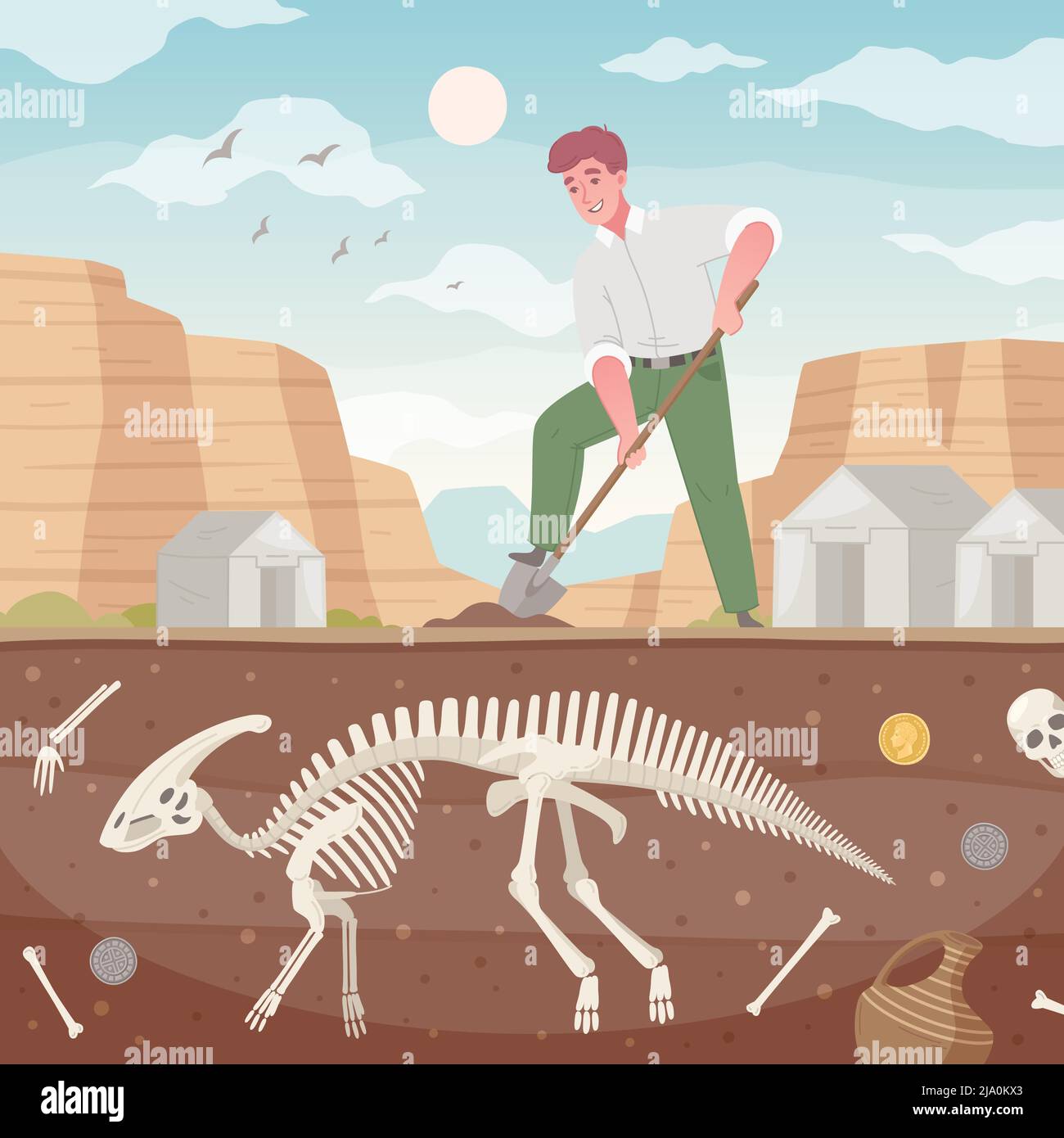 Archaeology cartoon composition with profile view of ground with dug ...