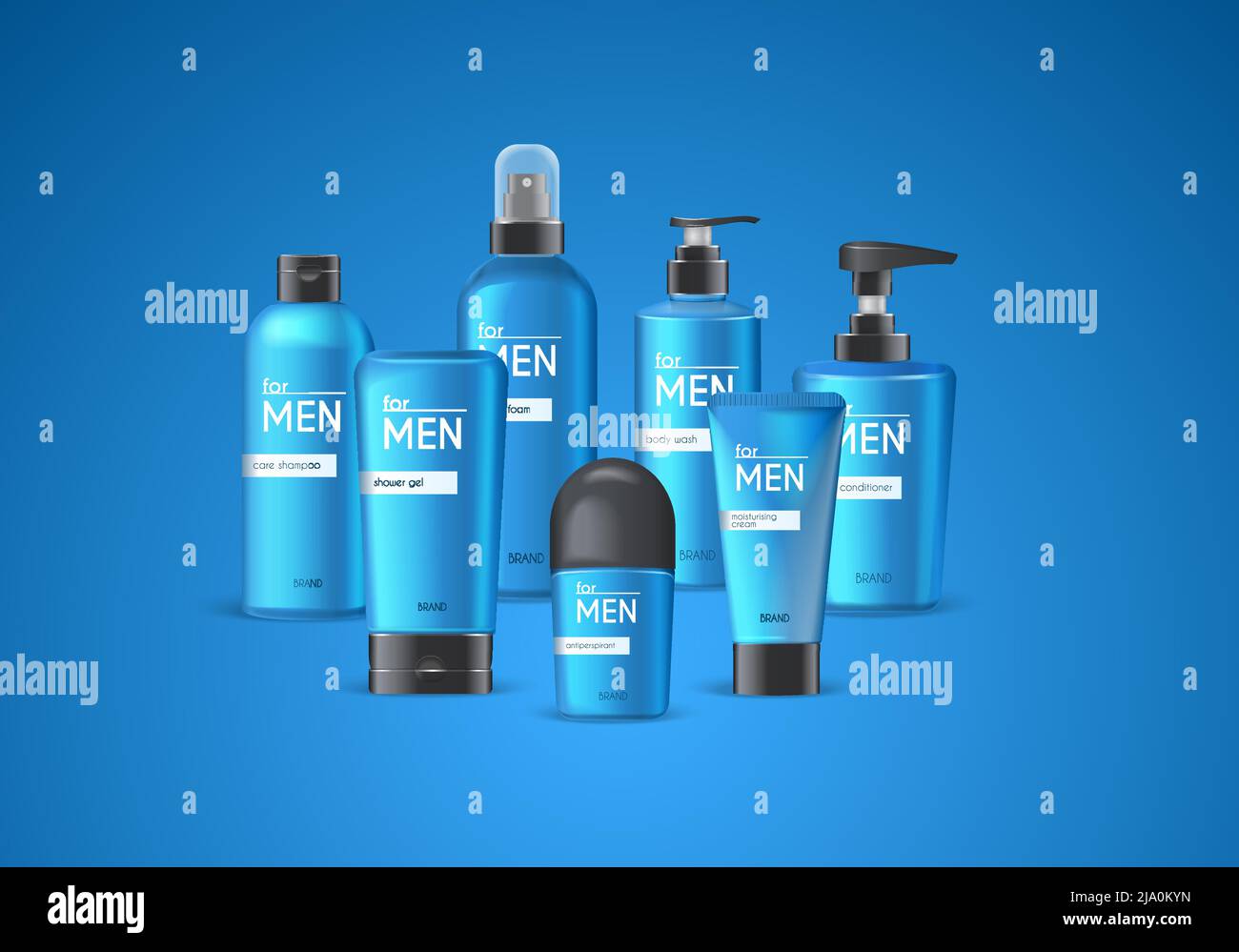 Cosmetics package colored realistic composition with set of branded ...