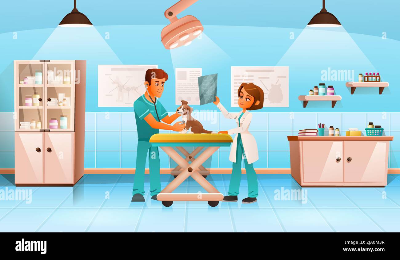 Veterinary clinic pet surgery cartoon composition with veterinarian ...