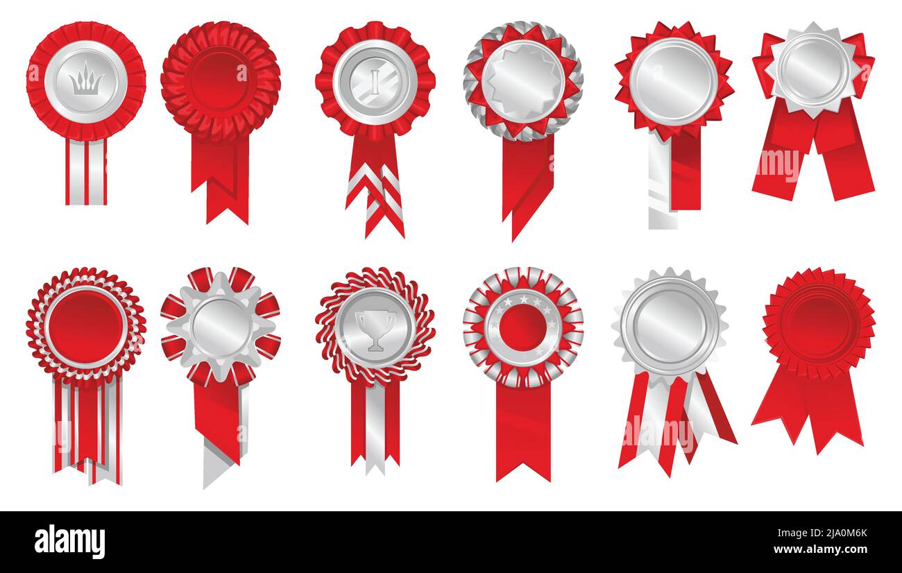 Rosettes rewards ribbons icon set red and silver colors in various ...