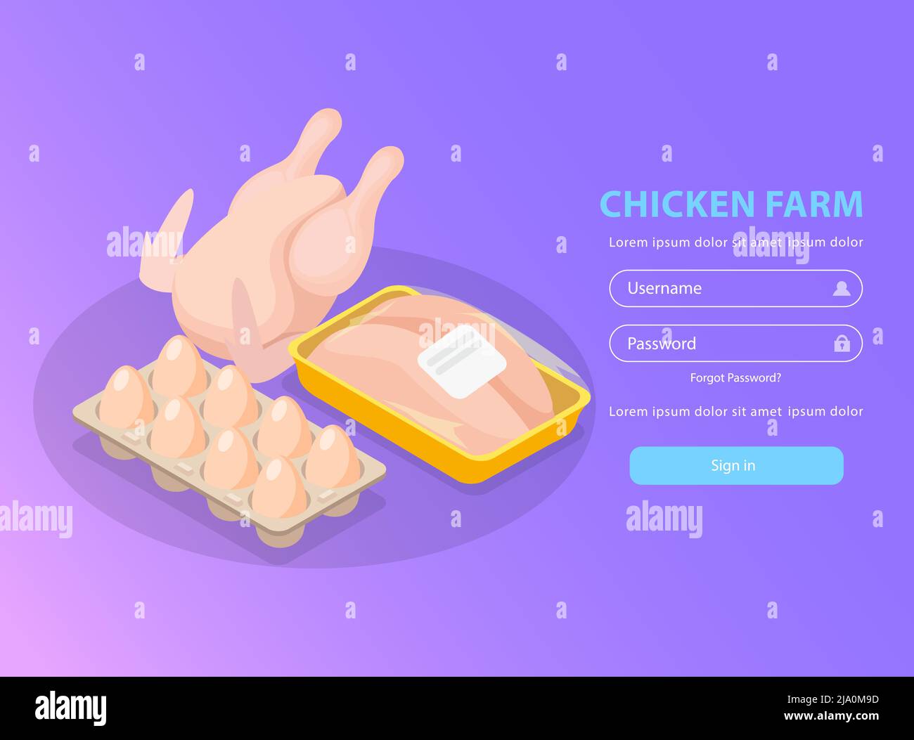 Chicken farm isometric background login page with editable text and ...