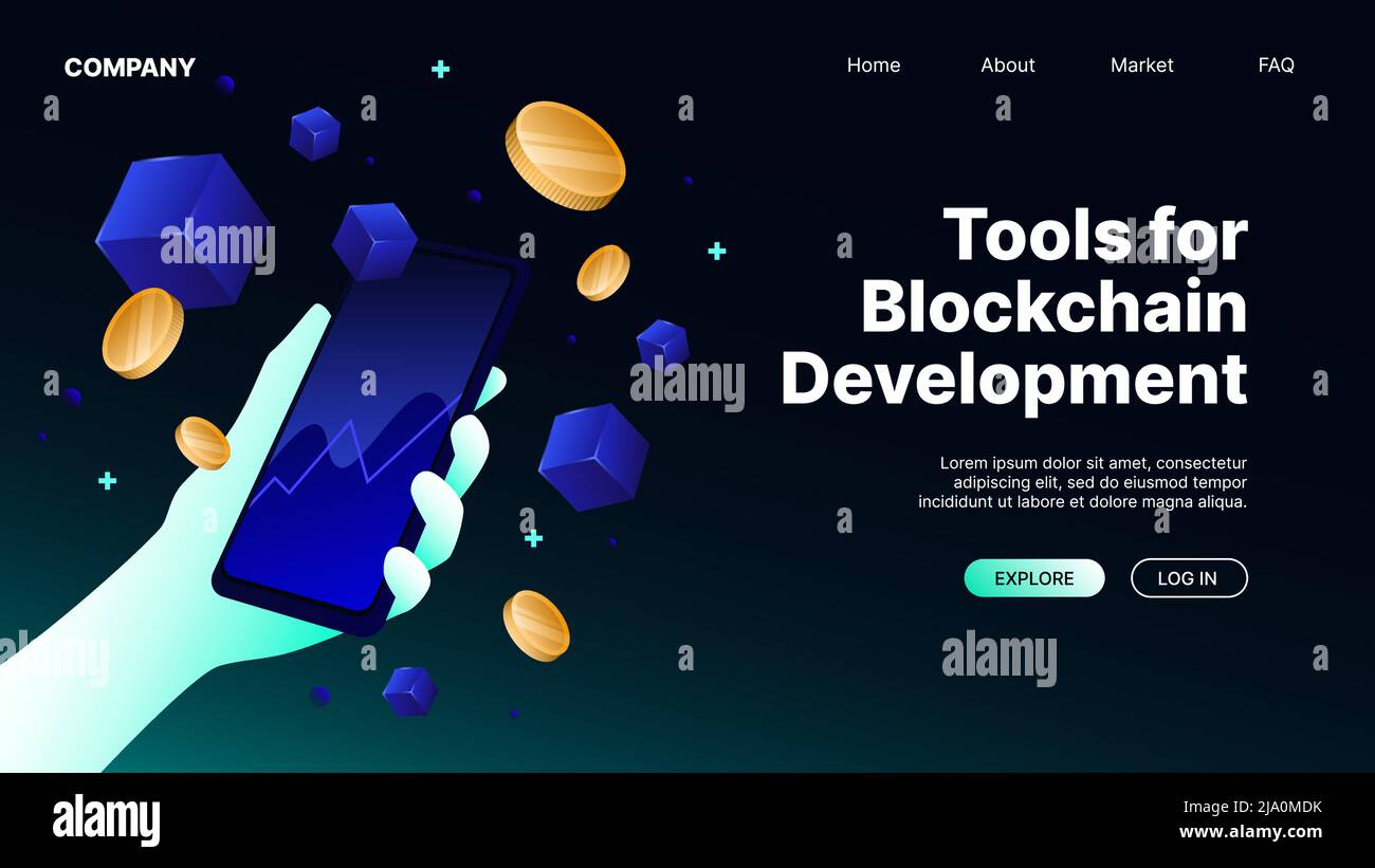 Blockchain Development Tools. Landing Page Horizontal Template. Vector ...