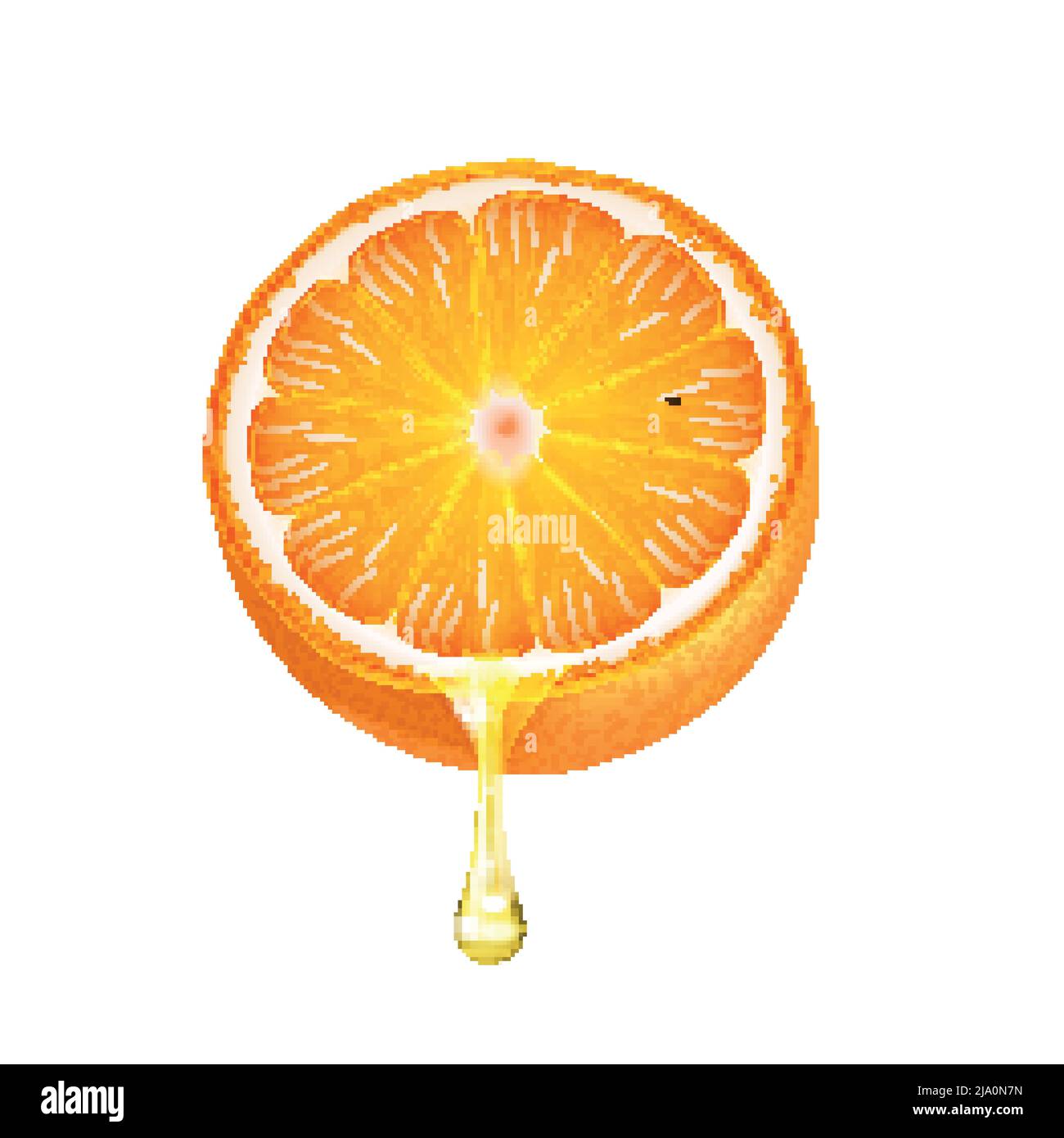 Drop of juice dripping from orange half on white background realistic ...