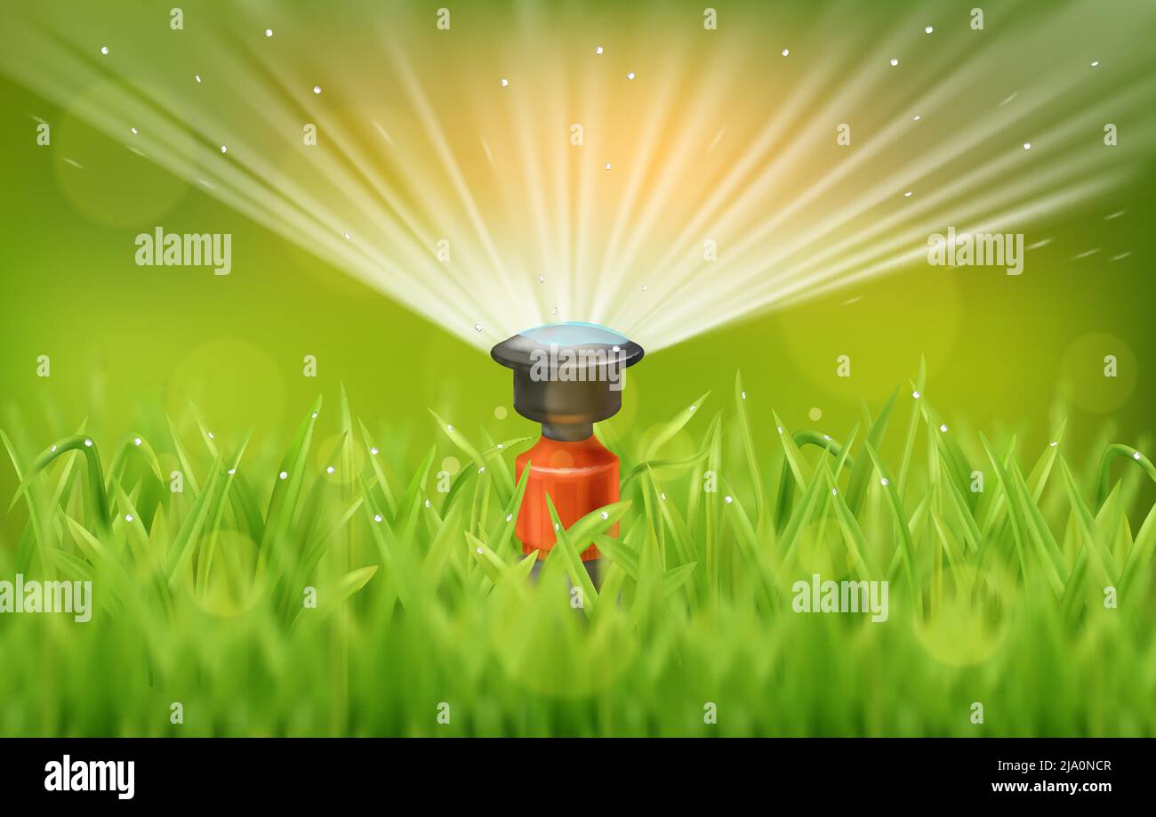 Automatic sprinkler system watering fresh green lawn realistic vector ...