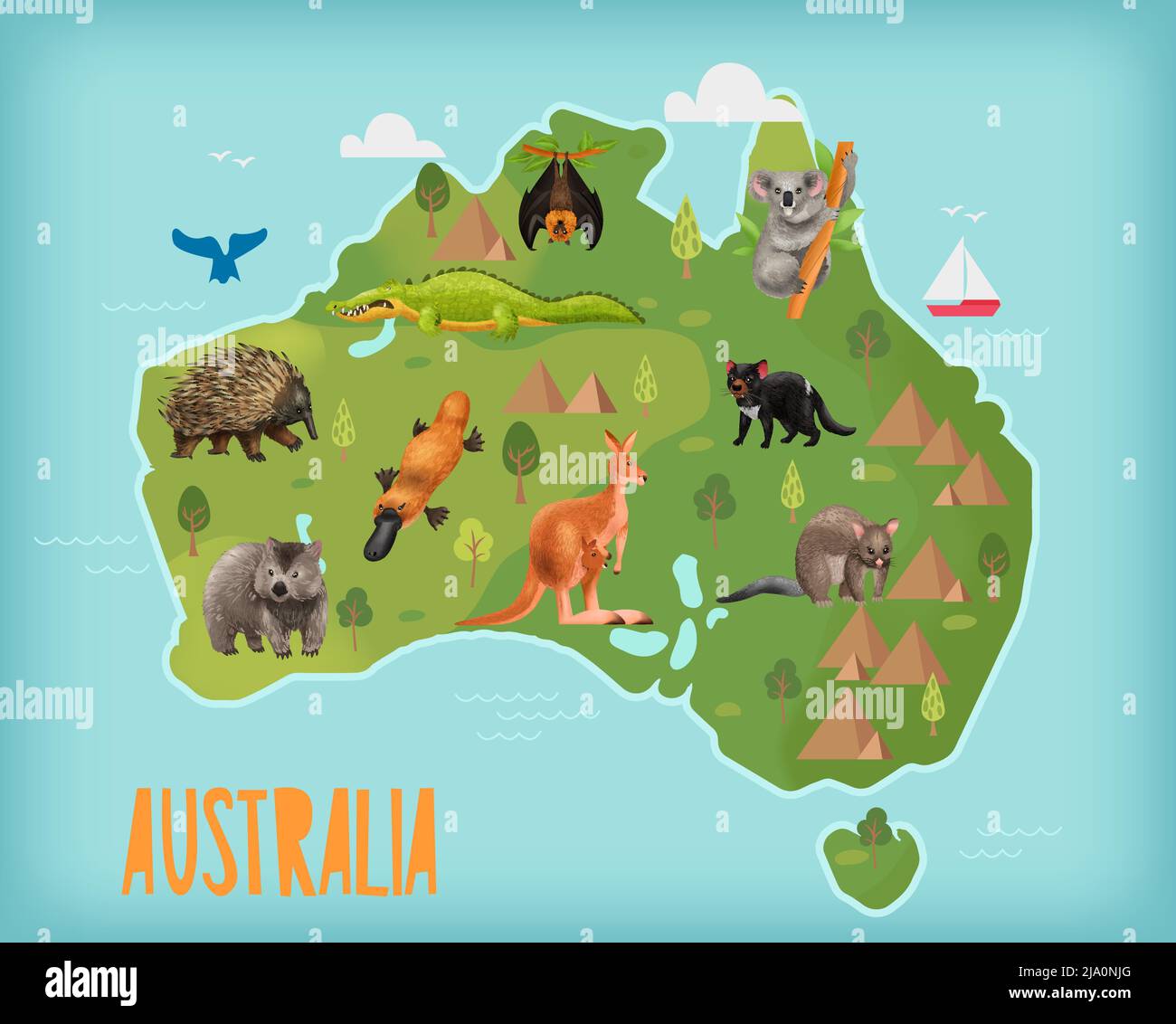 Australian animals composition with map of australia mainland with ...