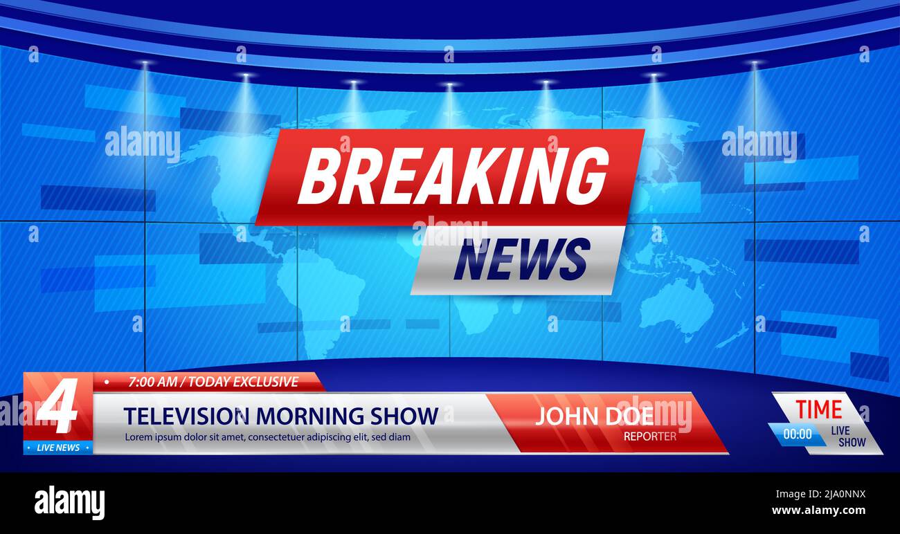 Breaking news background with silhouette of earth map studio lights and ...