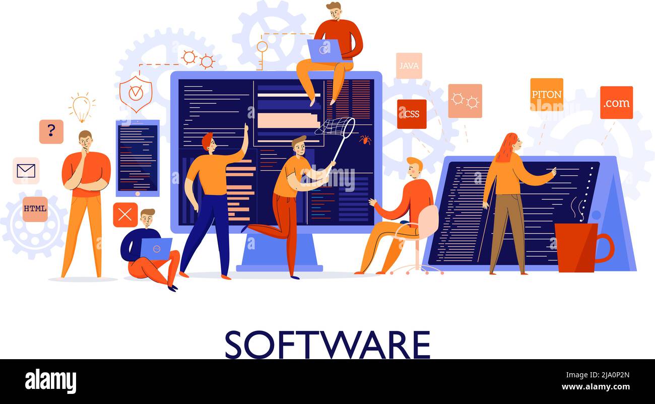 Professional programmers configuring software colorful flat vector ...