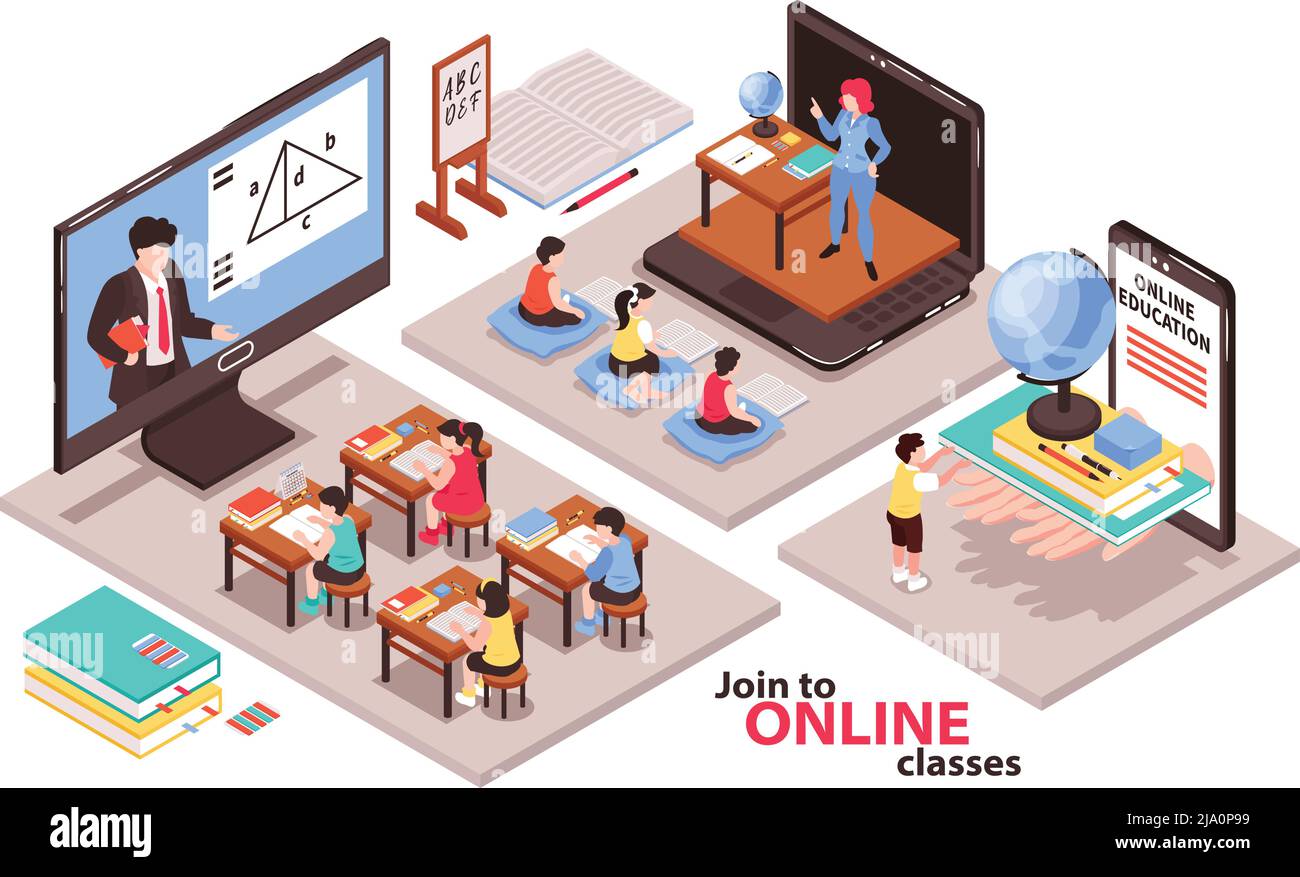 Home schooling isometric composition with online classes symbols ...