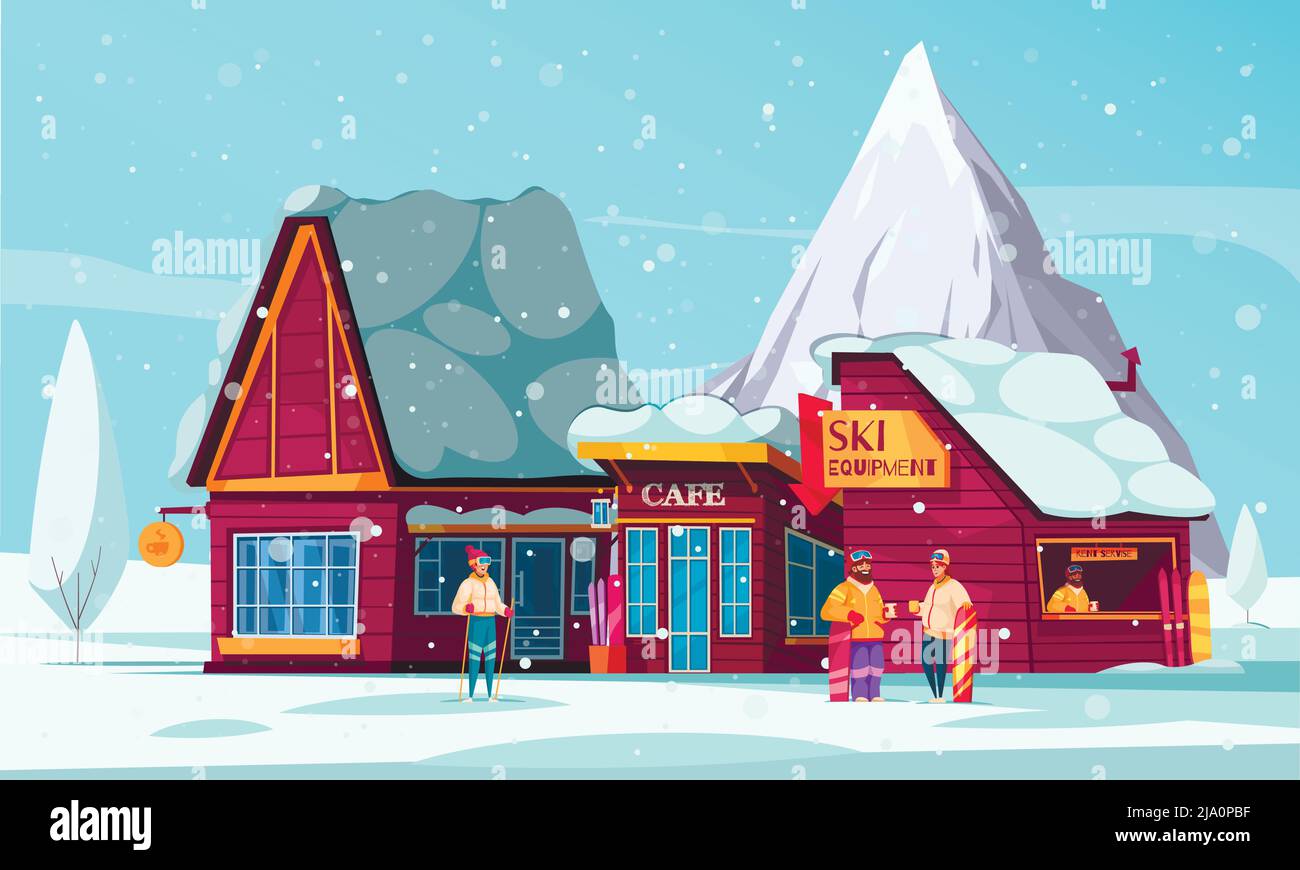 Ski resort old style wooden hut cafe downhill equipment rental in snow ...