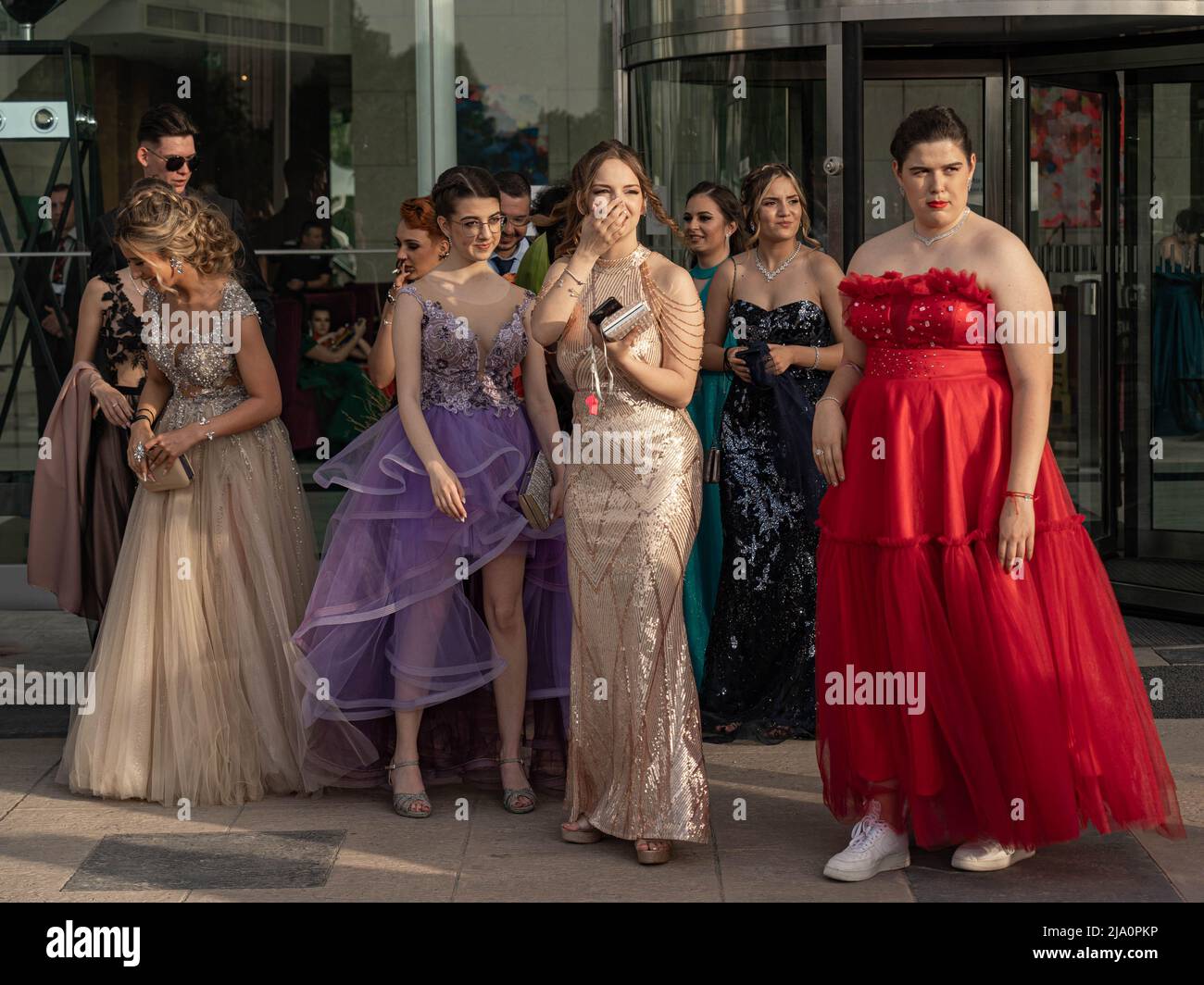 Sofia, Bulgaria - 24.05.2022, A group of girls in fancy dresses stands ...