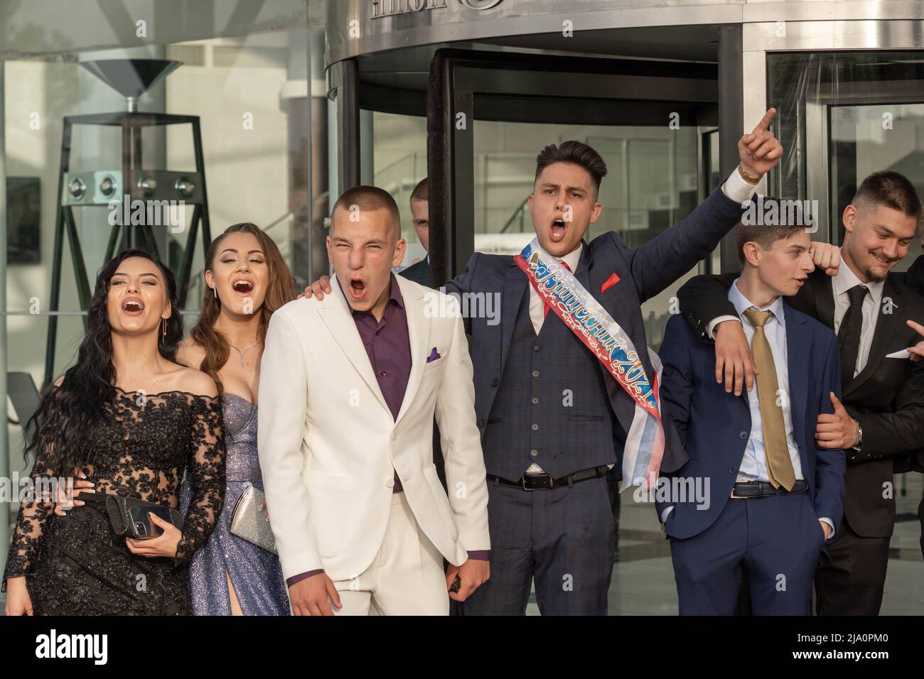 Sofia, Bulgaria - 24.05.2022, A group of students in fancy dresses ...