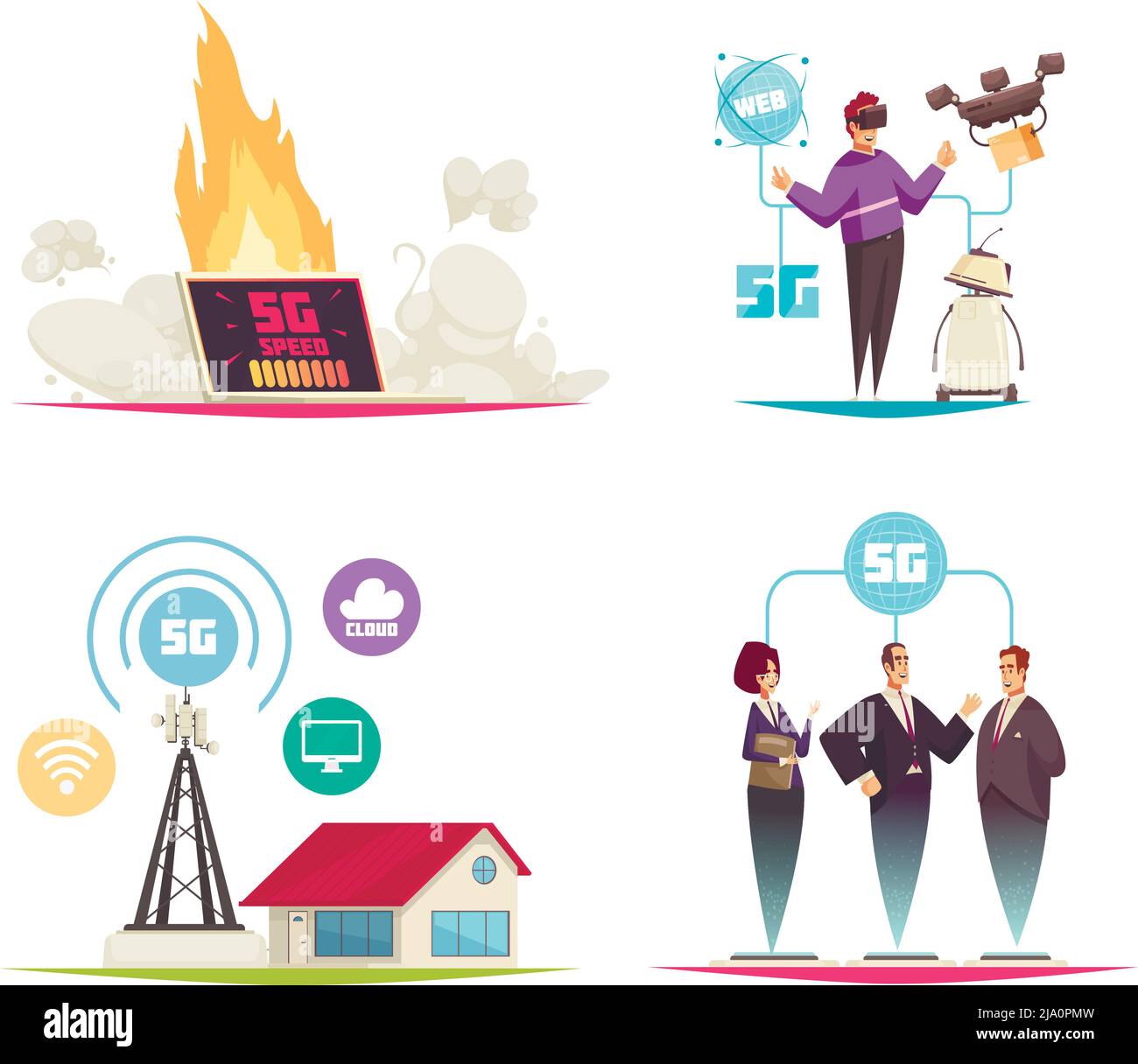 Internet technology 2x2 design concept set of cartoon compositions on ...