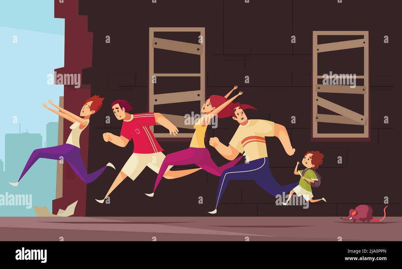 Cartoon poster with terrified people running away from rat against ...