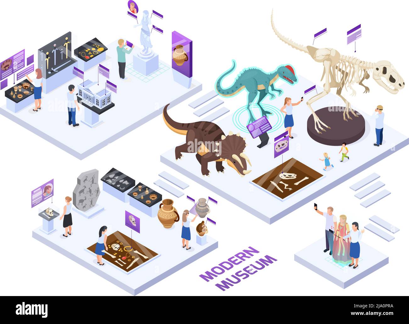Modern natural history museum halls isometric set with fossils jars ...