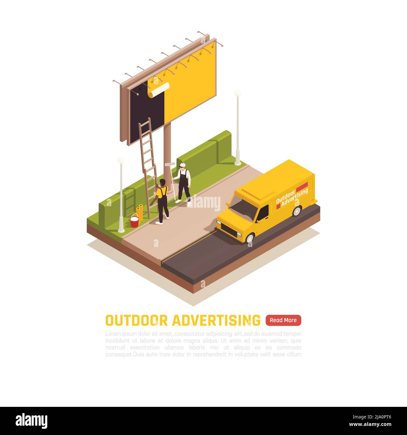 Outdoor advertisement isometric background with view of workers team ...