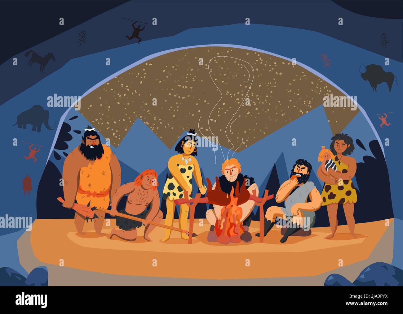 Primitive men family cooking meat on fire in cave cartoon vector ...