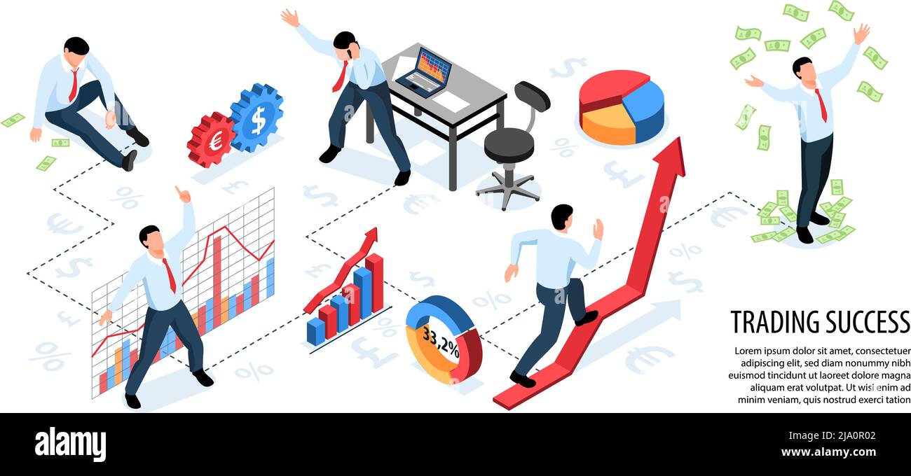 Isometric stock market exchange trading horizontal infographics with ...