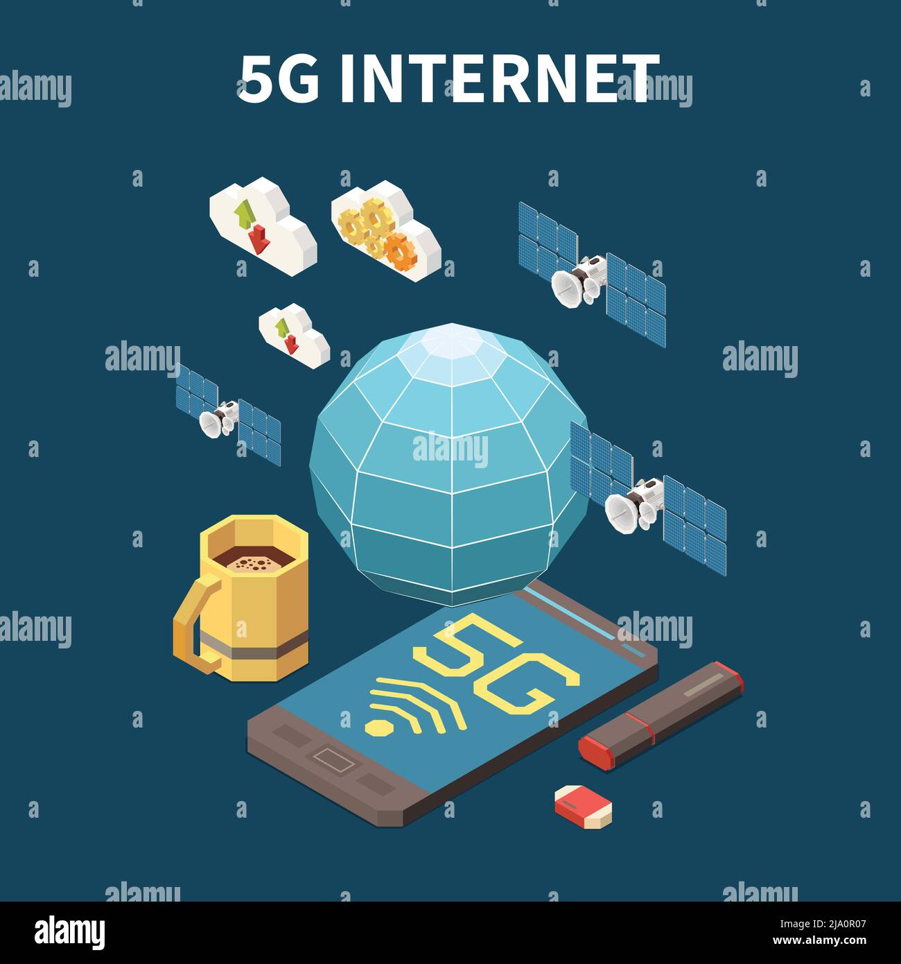 5g internet isometric concept with 3d satellites usb flash card and ...