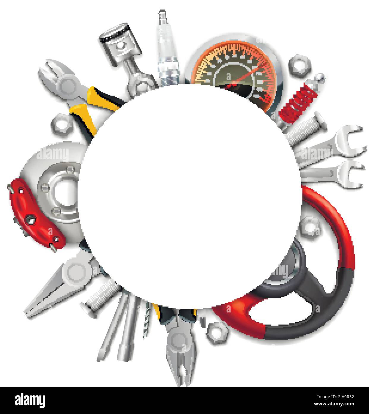 Car parts frame realistic composition with empty circle space on top of ...