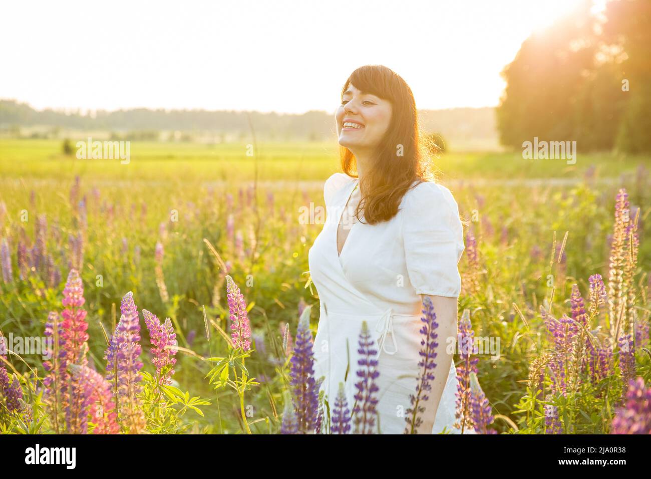 Beautiful woman in white sundress enjoying the summer nature. Picking ...