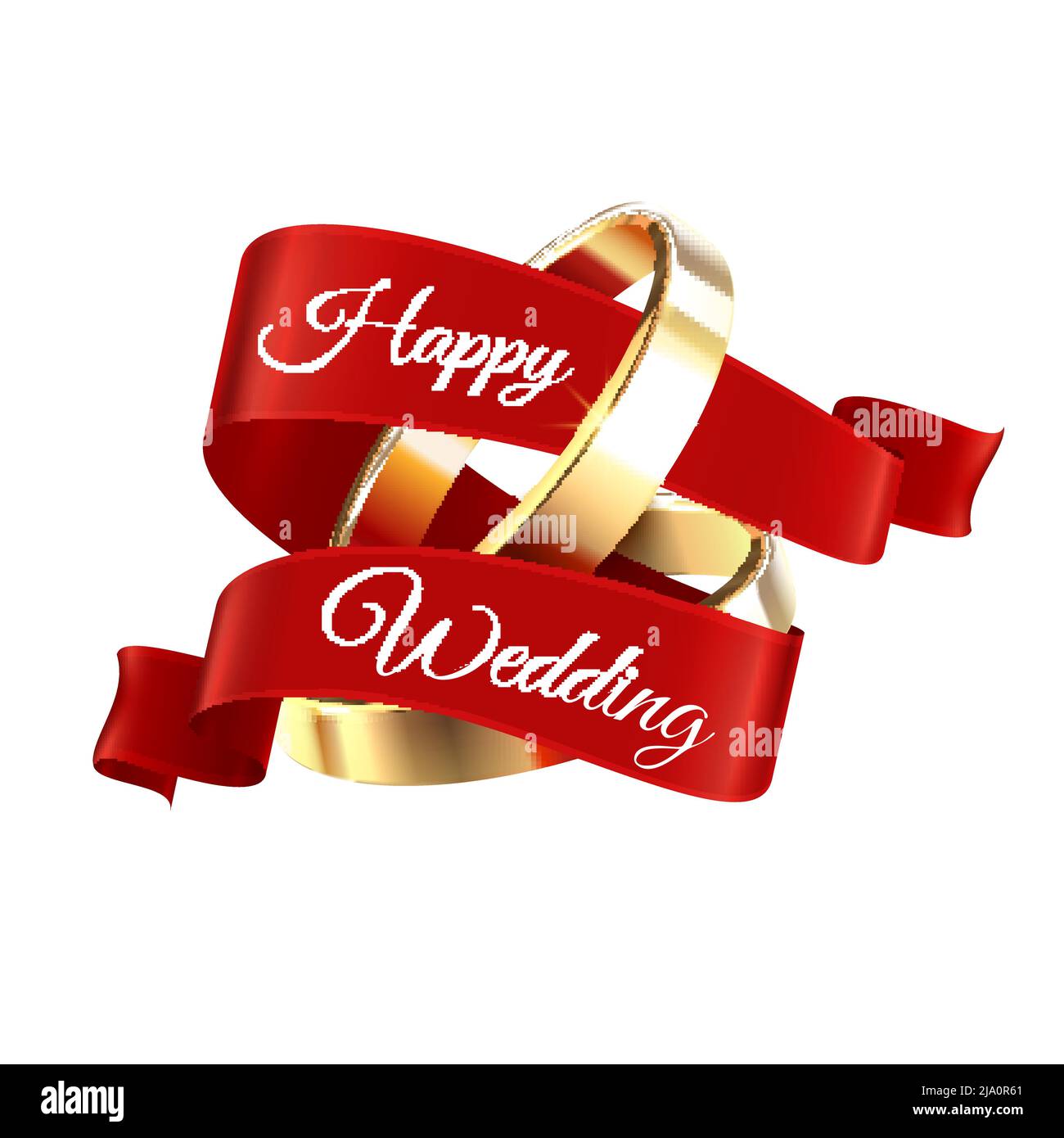 Wedding rings composition of red ribbon with editable ornate text and ...