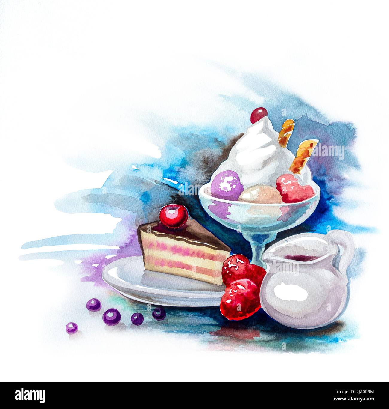 Watercolor illustration showing a cake and some ice cream and fruits in ...
