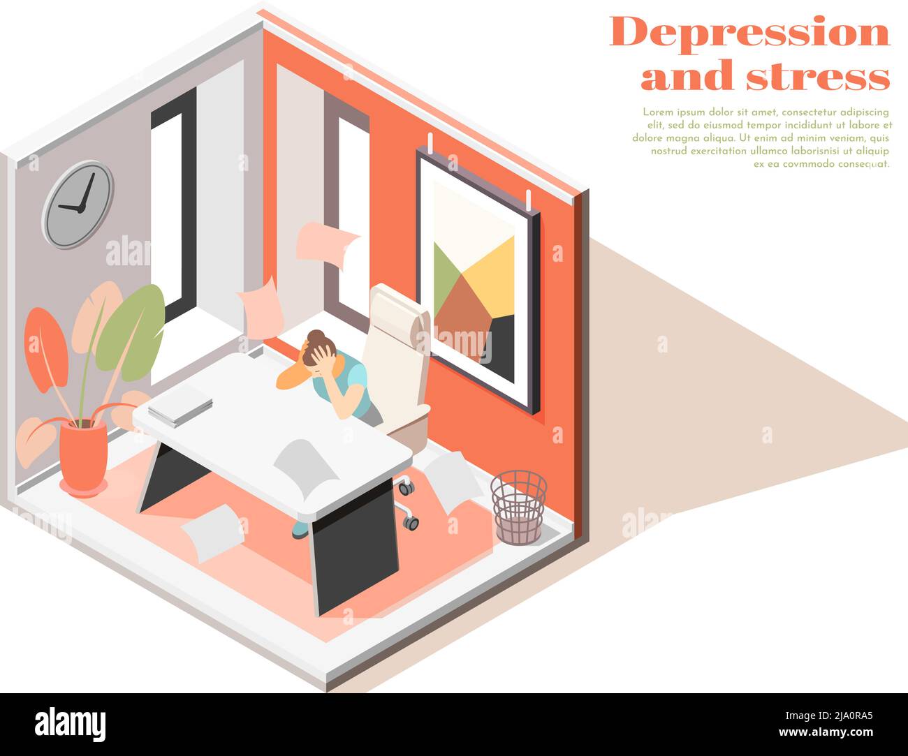 Mental health at workplace isometric composition with female employee work related stress ...