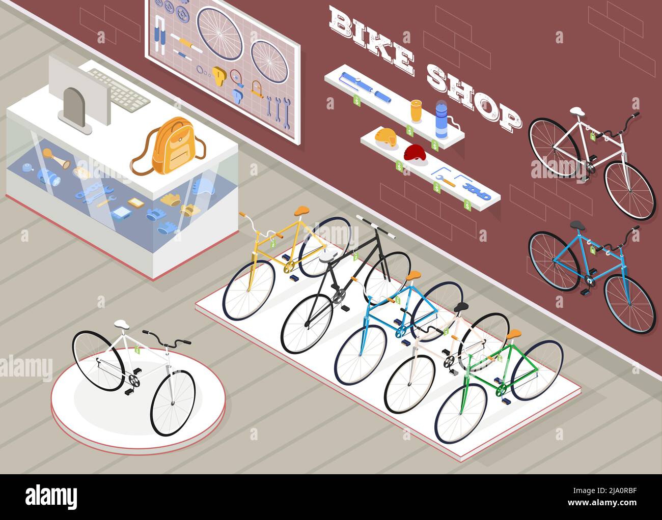 Bicycle shop isometric background with bike accessories and devices ...