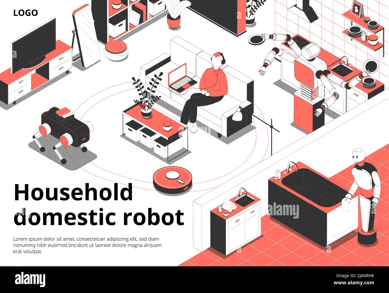 Household domestic indoor robots isometric composition with vacuuming ...