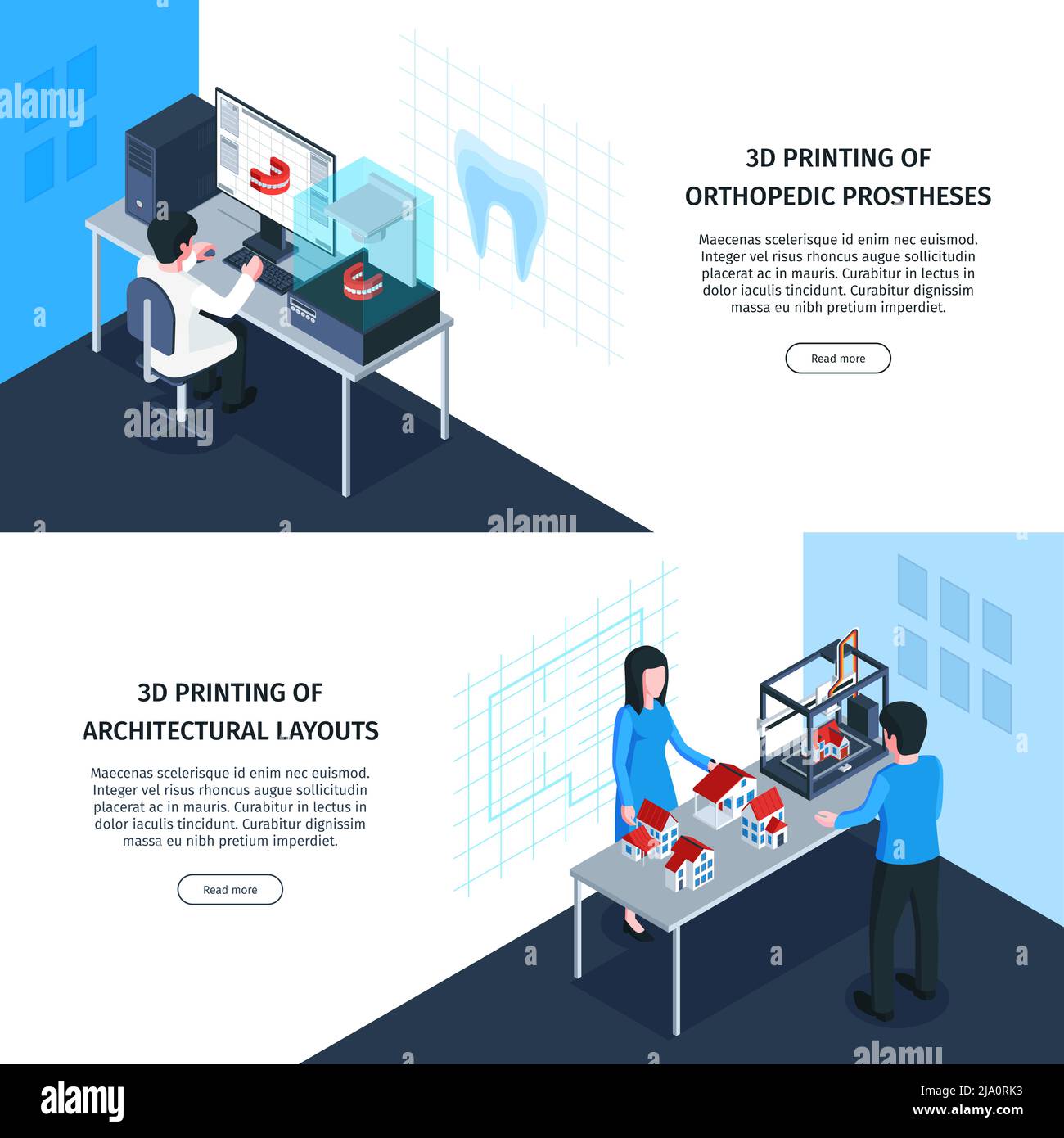 Isometric 3d printing banners with clickable buttons editable text and images of medical and ...