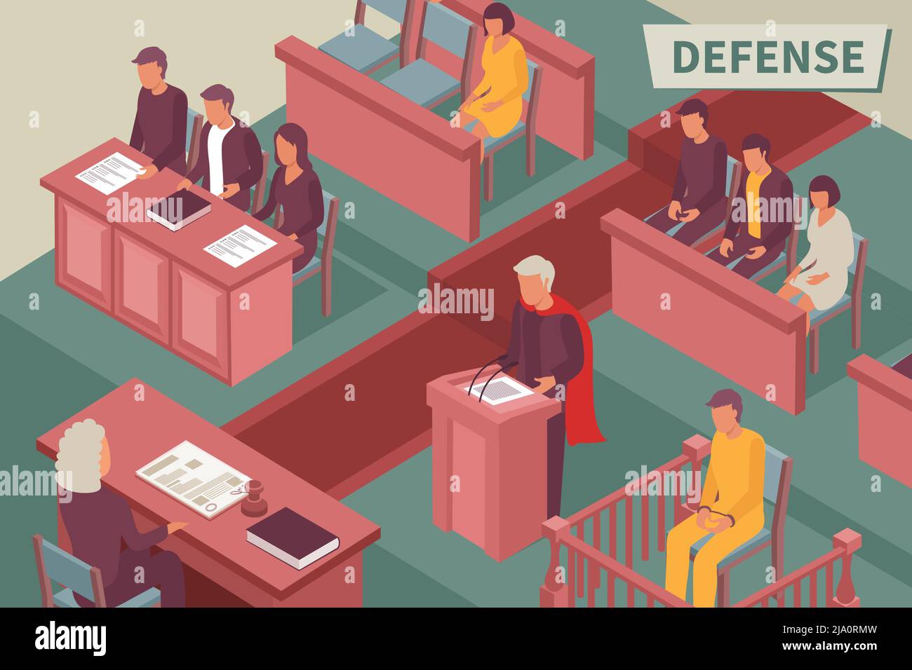 Defense isometric background with lawyer speaking from podium before ...