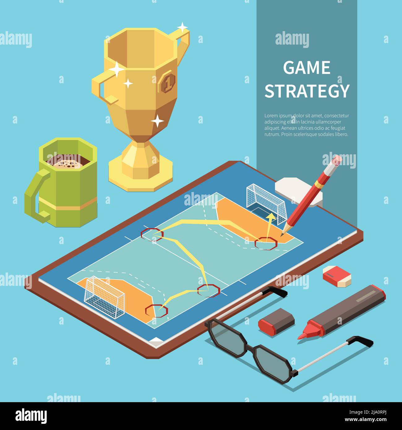 Isometric composition with game strategy drawn on paper with sport ...