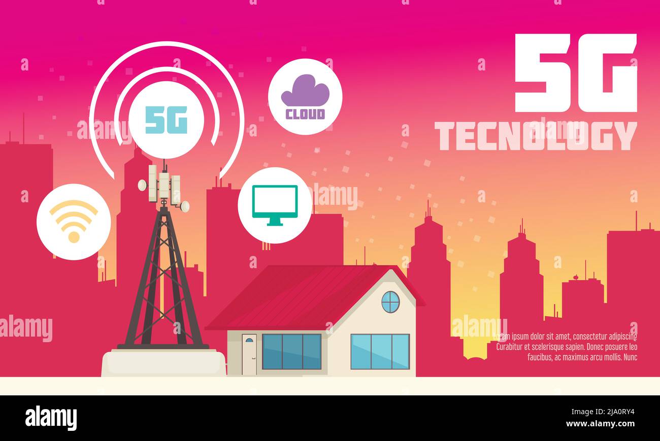 Wireless 5G internet technology flat background with web and ...