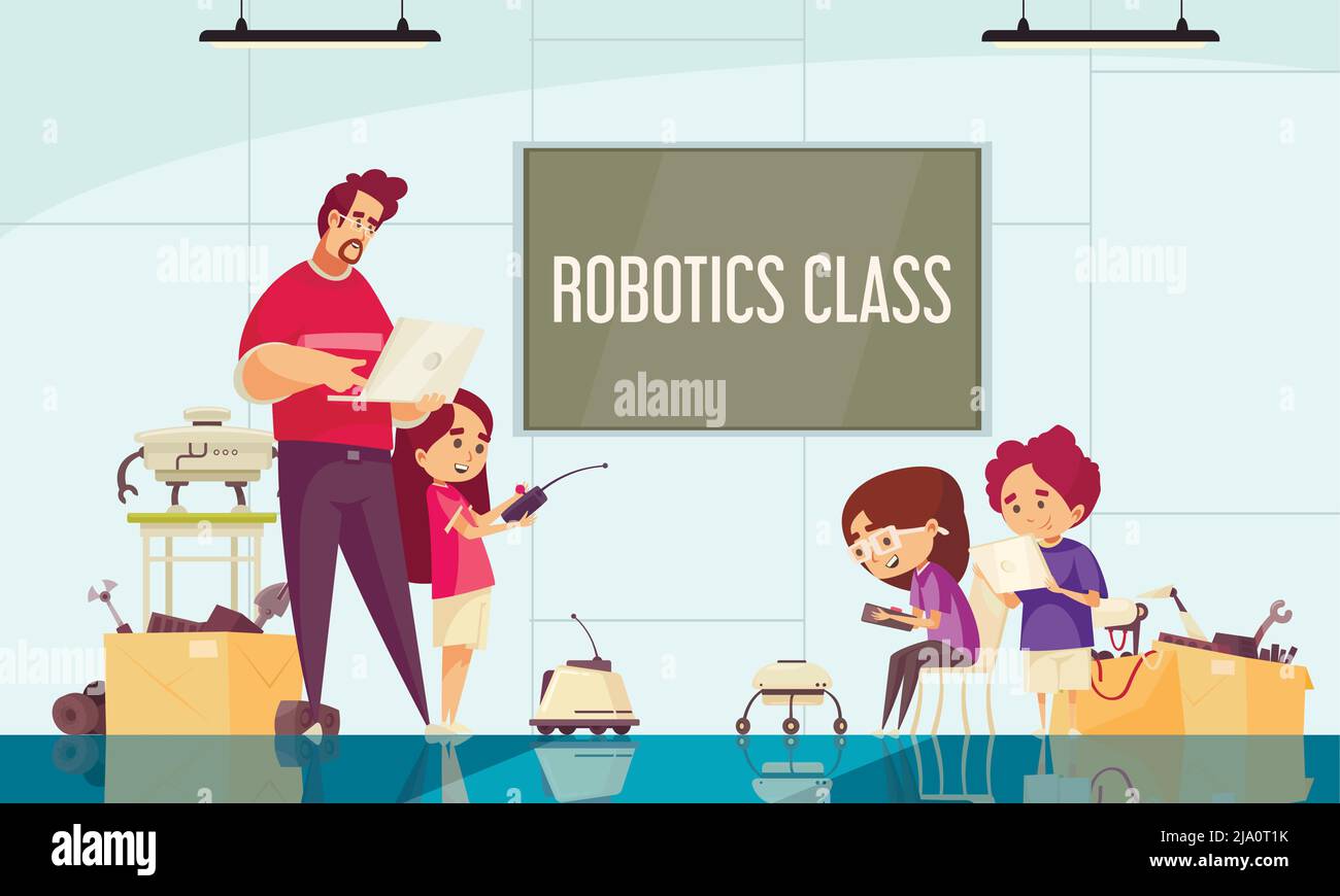 Robotics class cartoon composition with teacher demonstrating motion ...