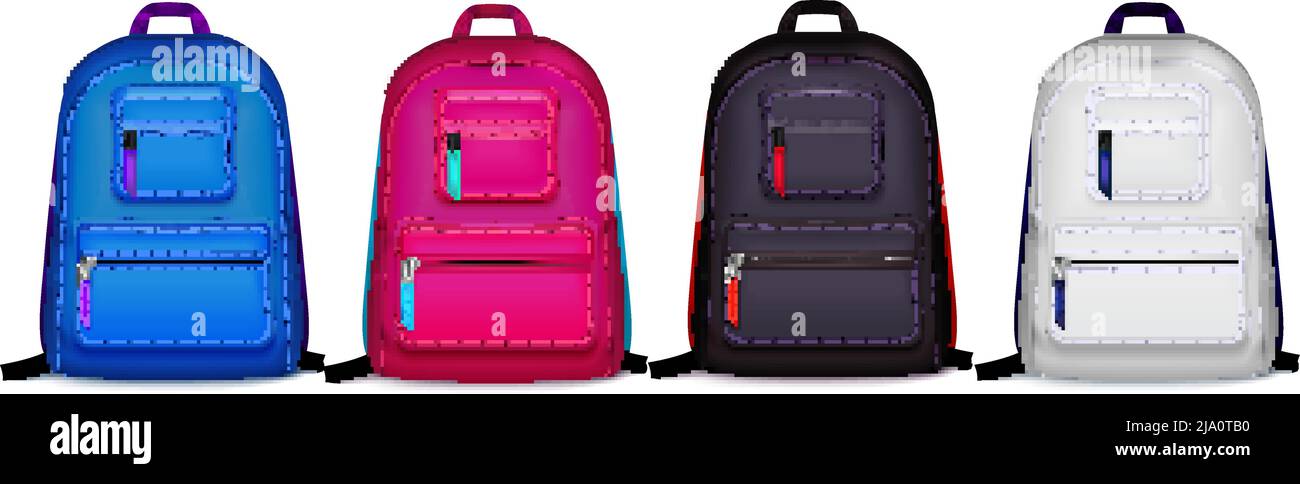 Set with four isolated realistic images of school backpacks of ...
