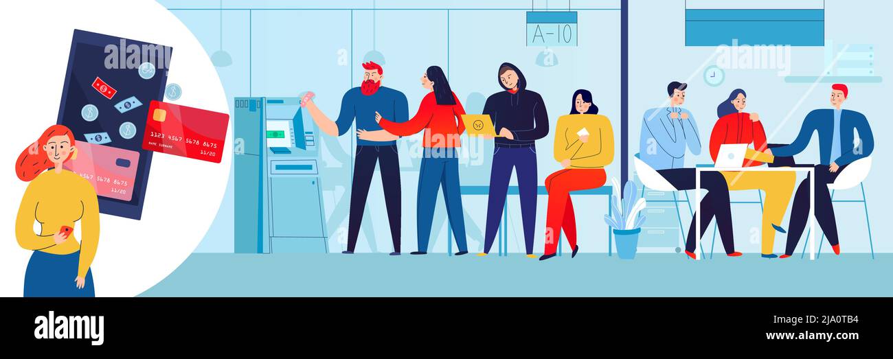 Bank customers using atm and woman using online mobile application flat ...