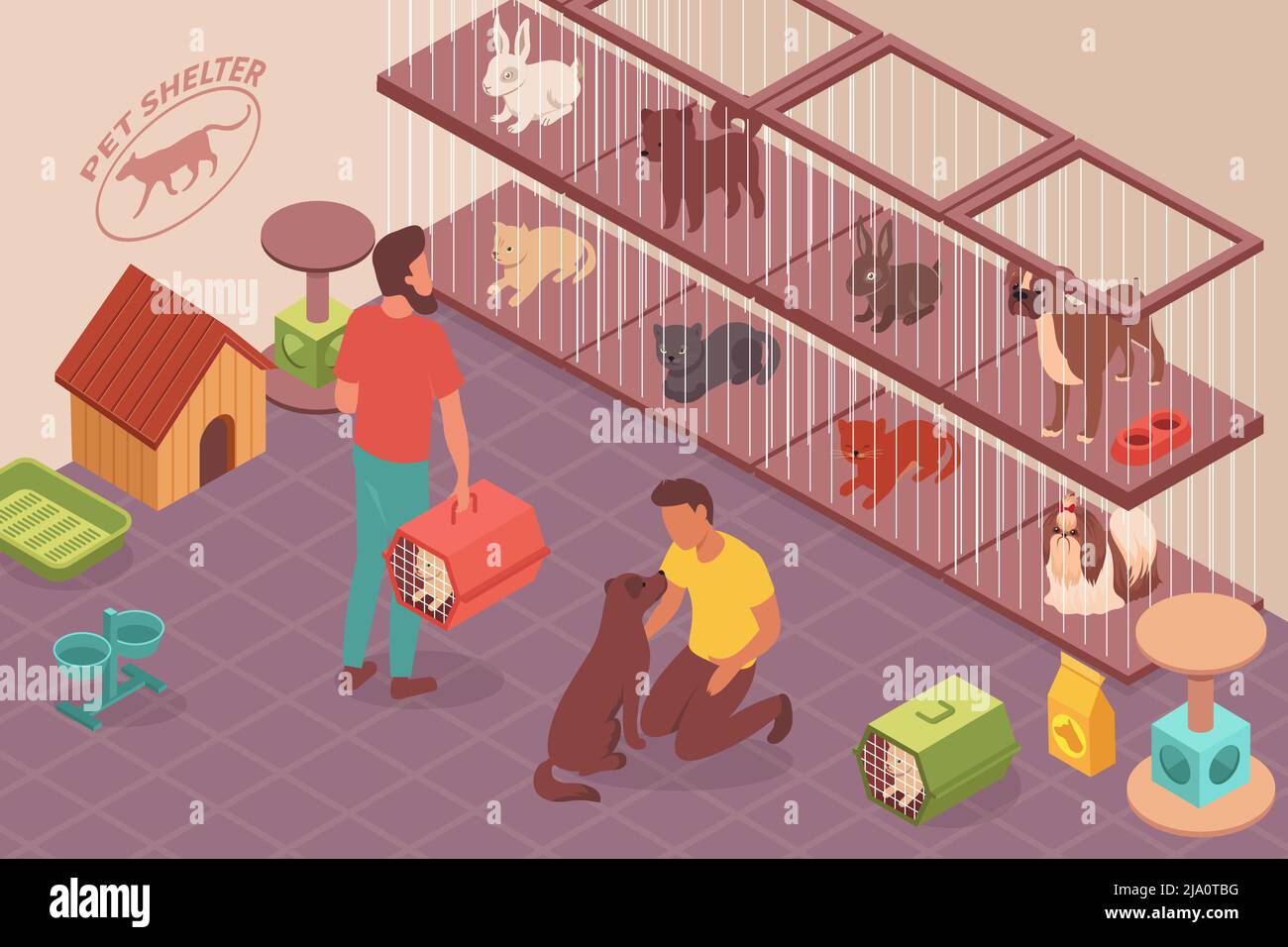 Homeless animals isometric composition with indoor view of pet shelter ...