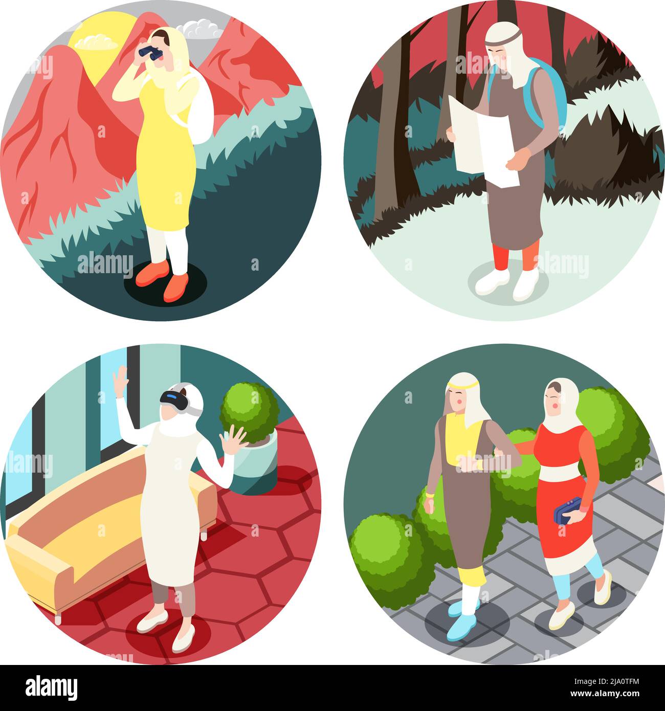 Modern muslim people life aspects concept 4 round isometric ...