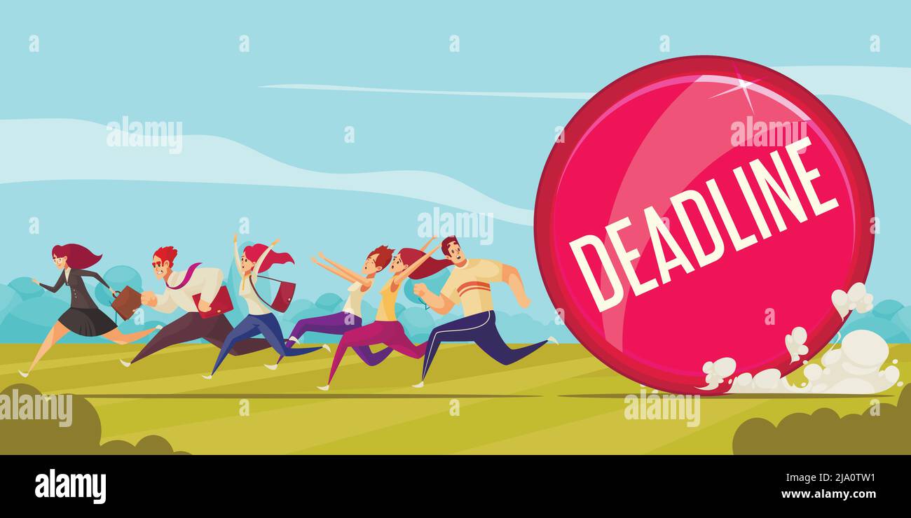 Deadline cartoon composition with business people running to office for ...