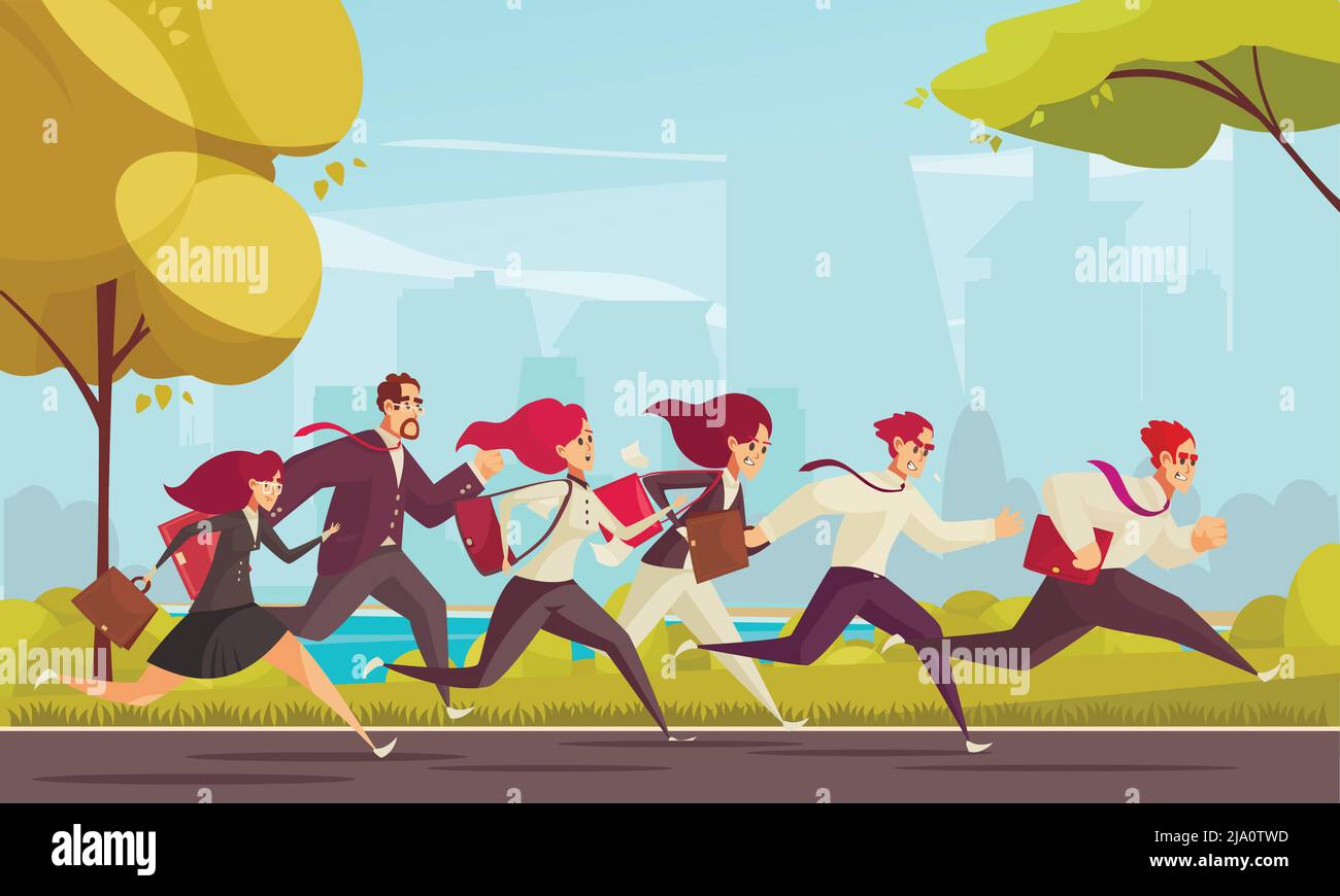 Running people who are late for work at urban skylines background ...
