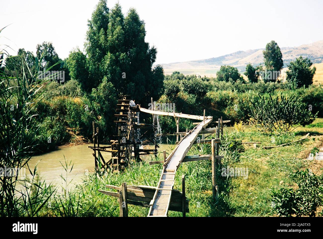 Water wheel supplying water to irrigation channel from river, west of ...
