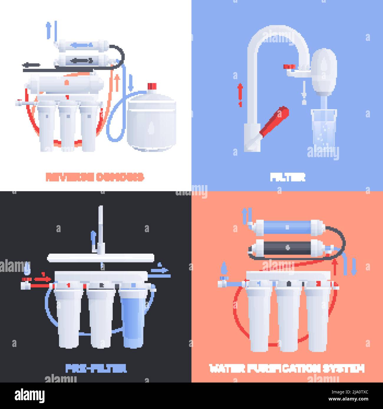 Four square water filter flat icon set with reverse osmosis filter pre ...