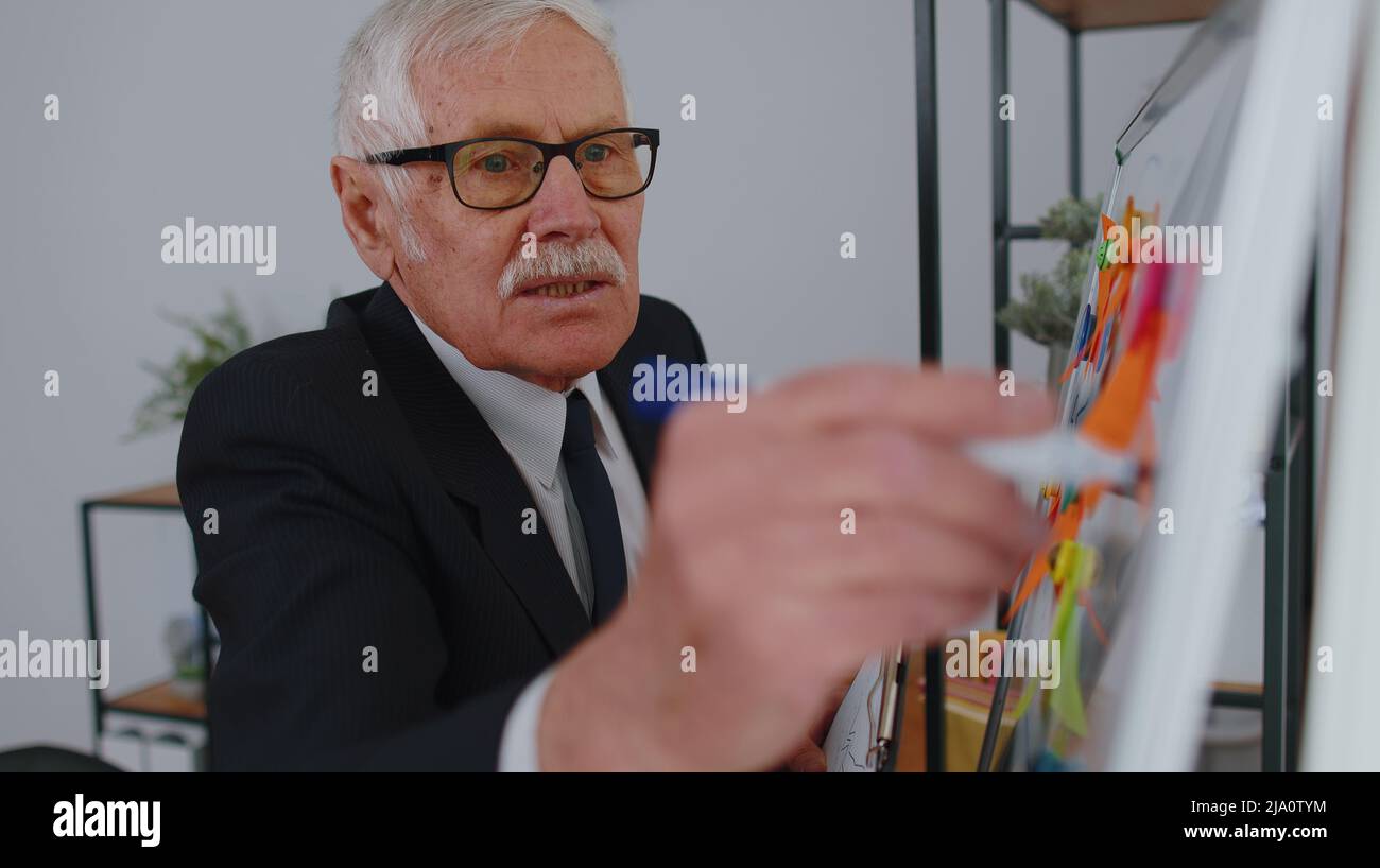 Elderly old business man coach conference speaker analyzing ...