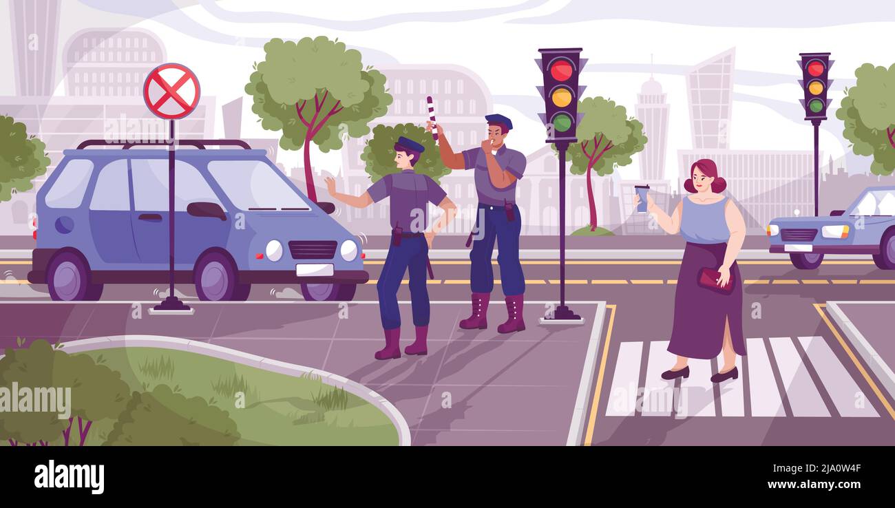 Traffic police background with stop signal symbols flat vector ...