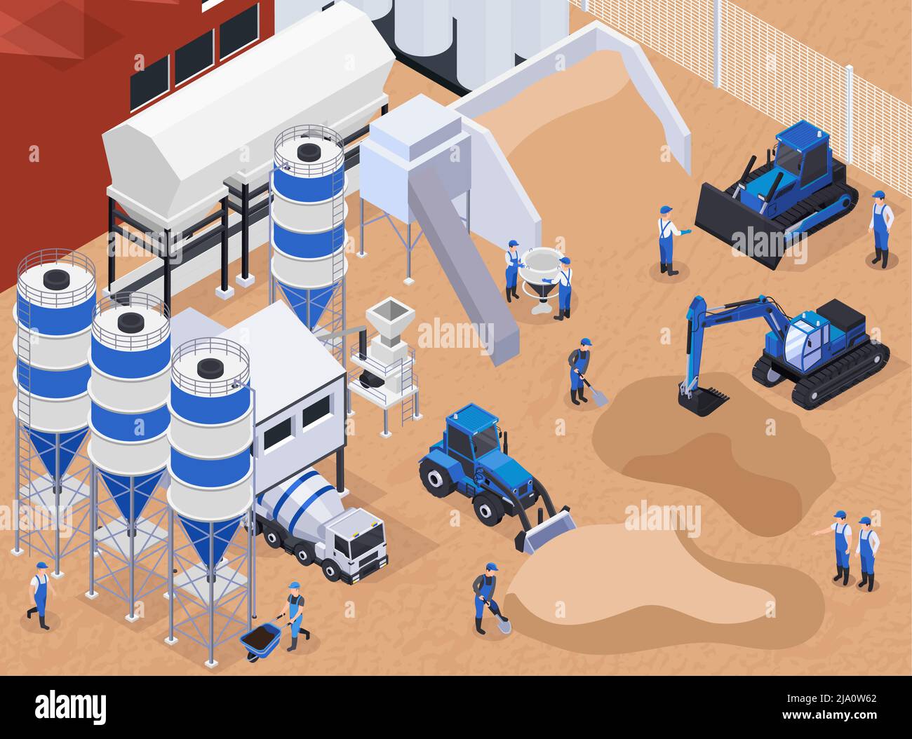 Colored and flat concrete cement production isometric composition with ...